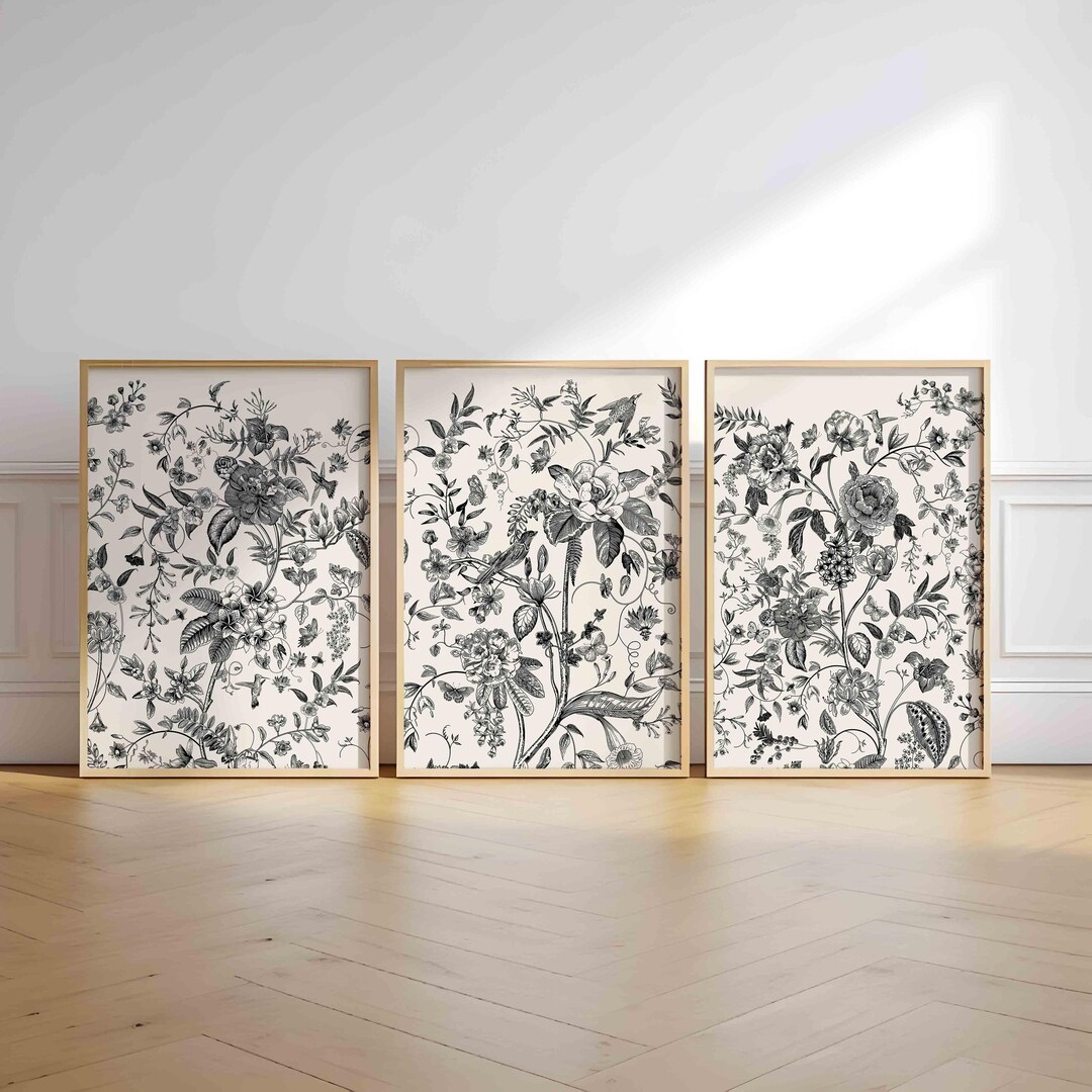 Black Triptych Wall Art Print Antique Toile Aesthetic Chinoiserie ...