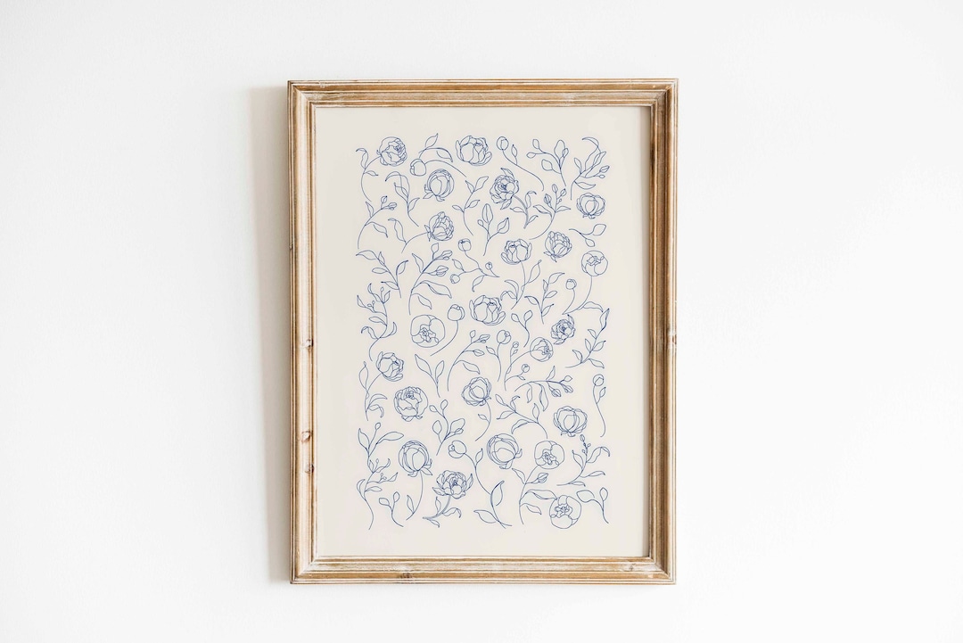 Blue Flower Print Peony Line Art Drawing Botanical Floral Pattern Blue ...