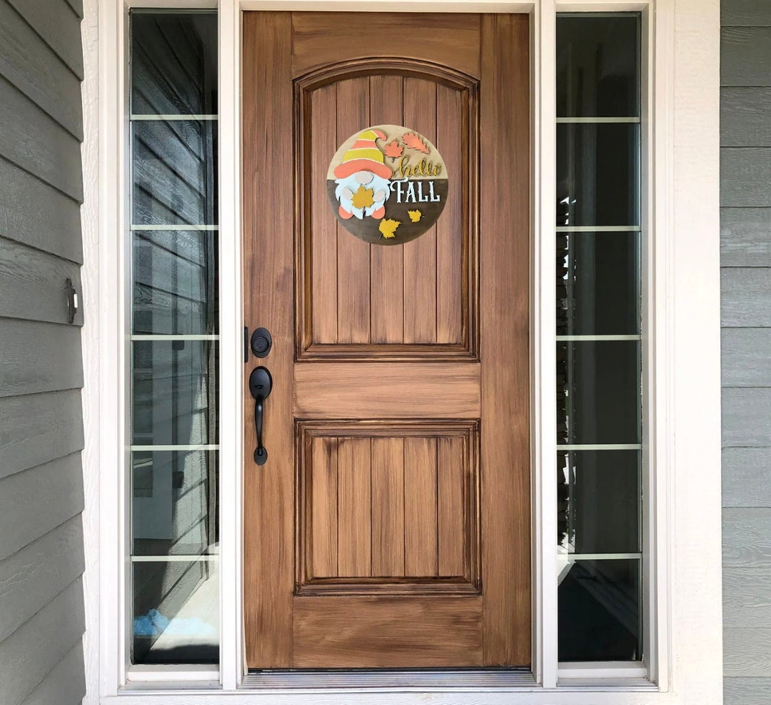 Handcrafted 'hello Fall Wooden Door Sign With Gnome and Leaves - Etsy