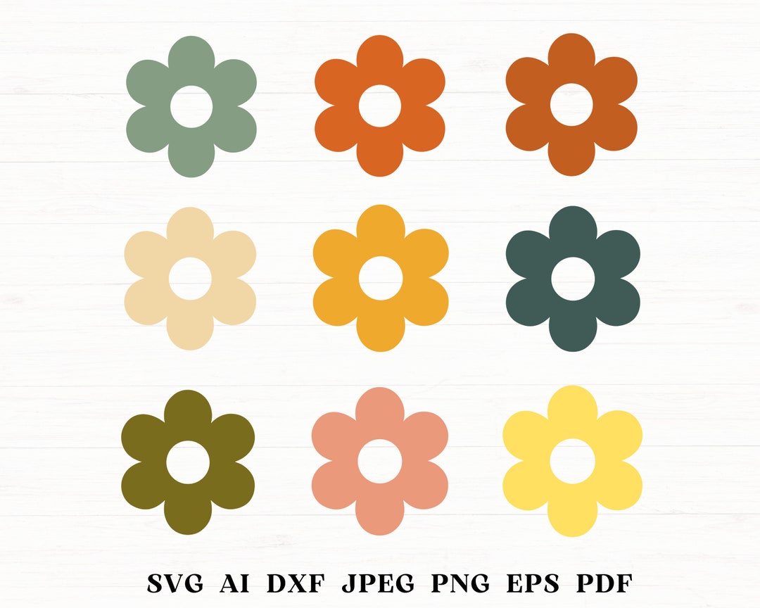 Retro Flowers Svg Bundle 9 Designs, Retro Flower Shapes, Retro Png ...