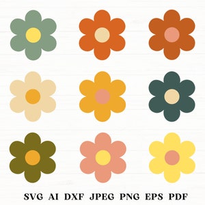 Retro Flowers Svg Bundle 9 Designs, Retro Flower Shapes, Flowers Png ...