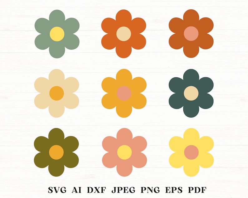 Retro Flowers Svg Bundle 9 Designs, Retro Flower Shapes, Flowers Png ...