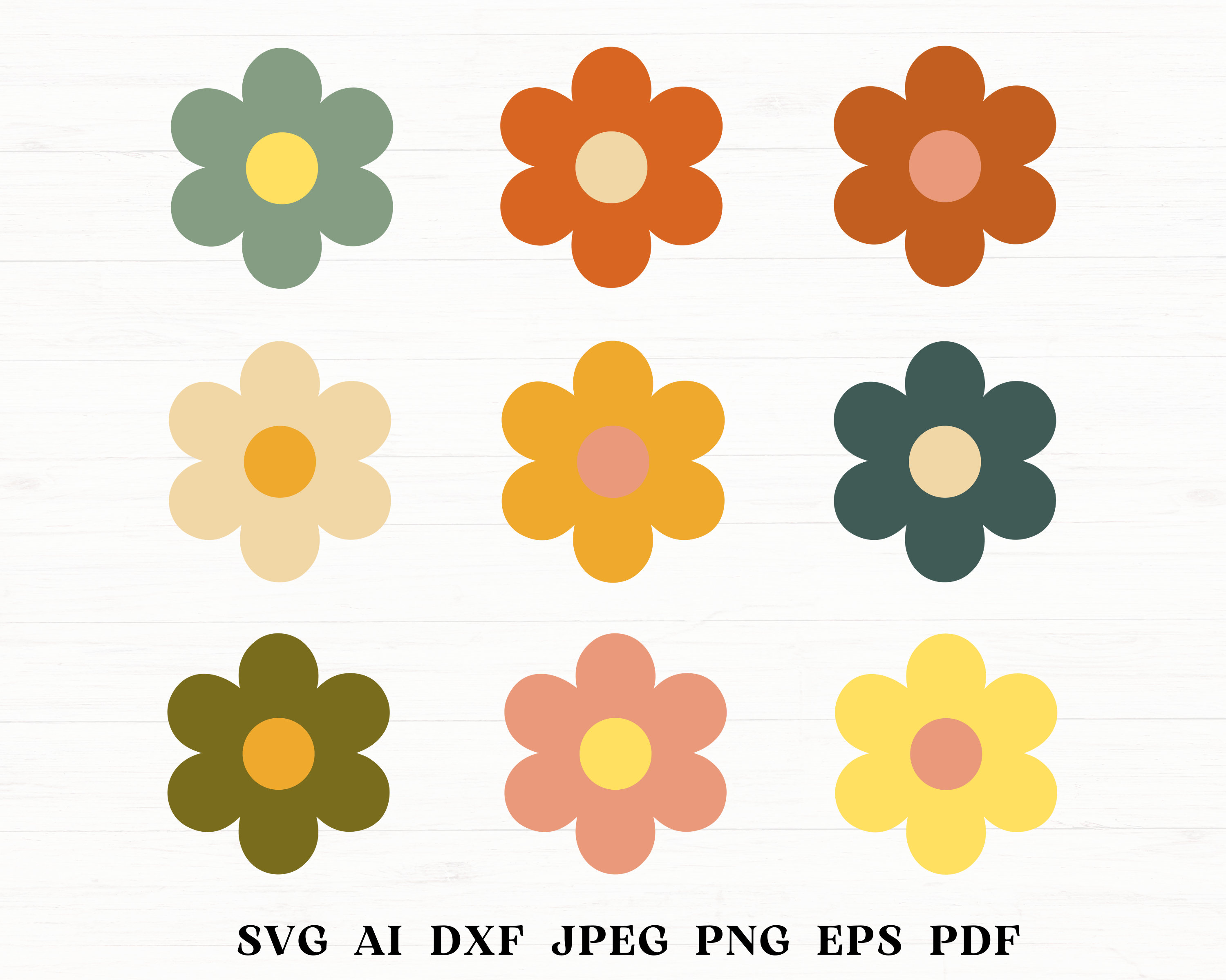 Retro Flowers Svg Bundle 9 Designs, Retro Flower Shapes, Flowers Png ...