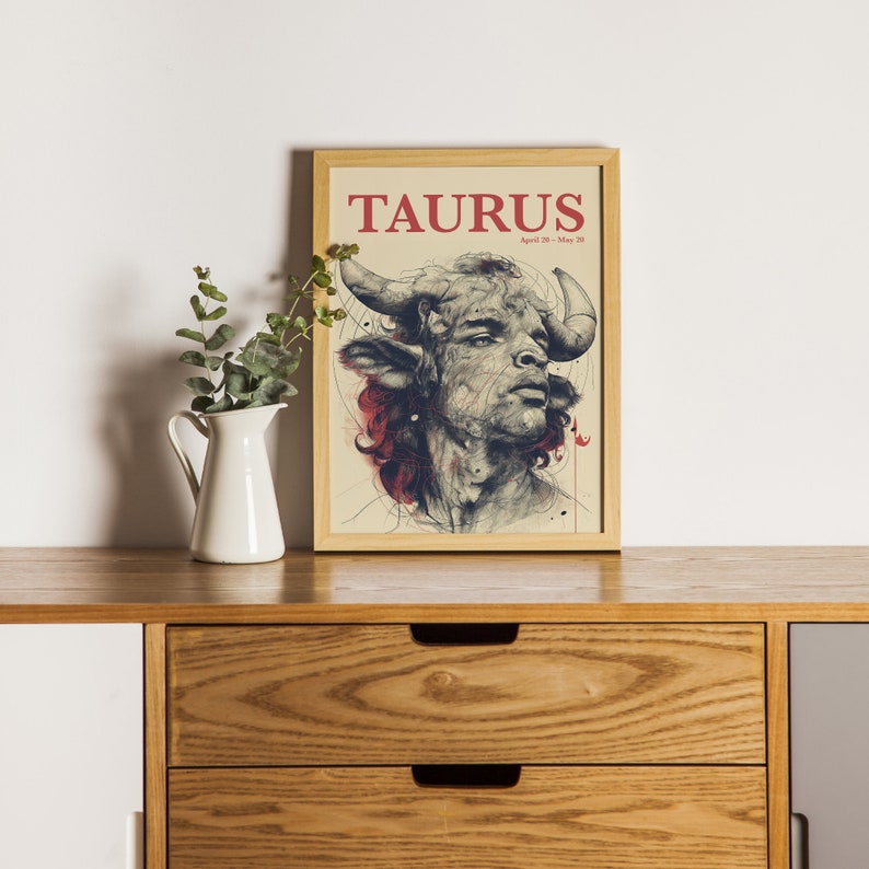 Stoic Taurus Bull Art Print Mesmerizing Red & Charcoal Taurus ...