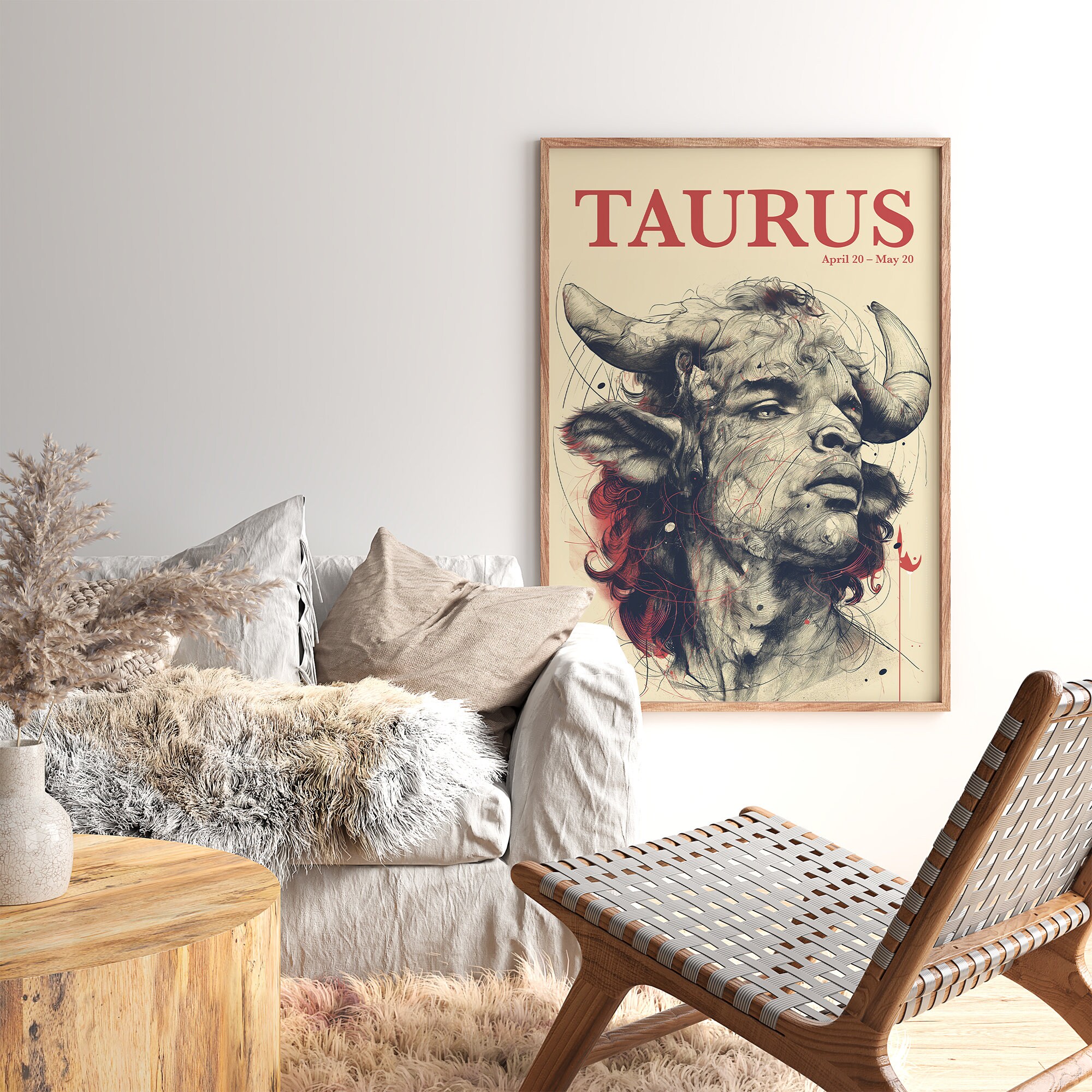 Stoic Taurus Bull Art Print Mesmerizing Red & Charcoal Taurus ...