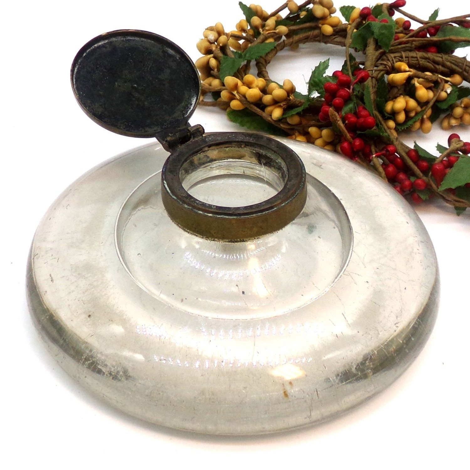 Lg. Heavy Glass Inkwell With Brass Cap....antique....possibly for Ship ...