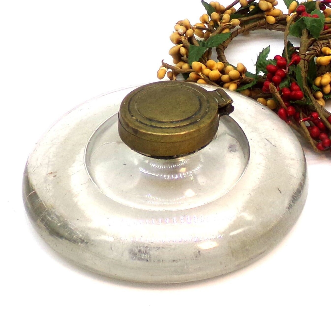 Lg. Heavy Glass Inkwell With Brass Cap....antique....possibly for Ship ...