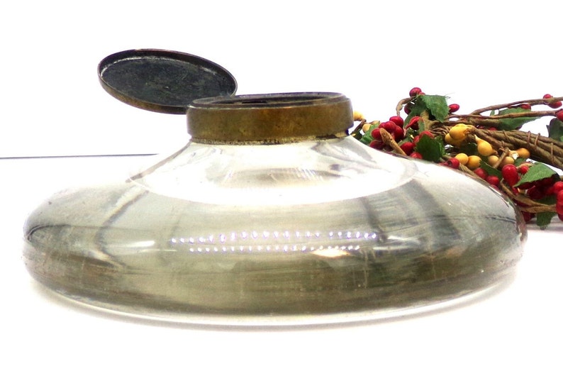 Lg. Heavy Glass Inkwell With Brass Cap....antique....possibly for Ship ...