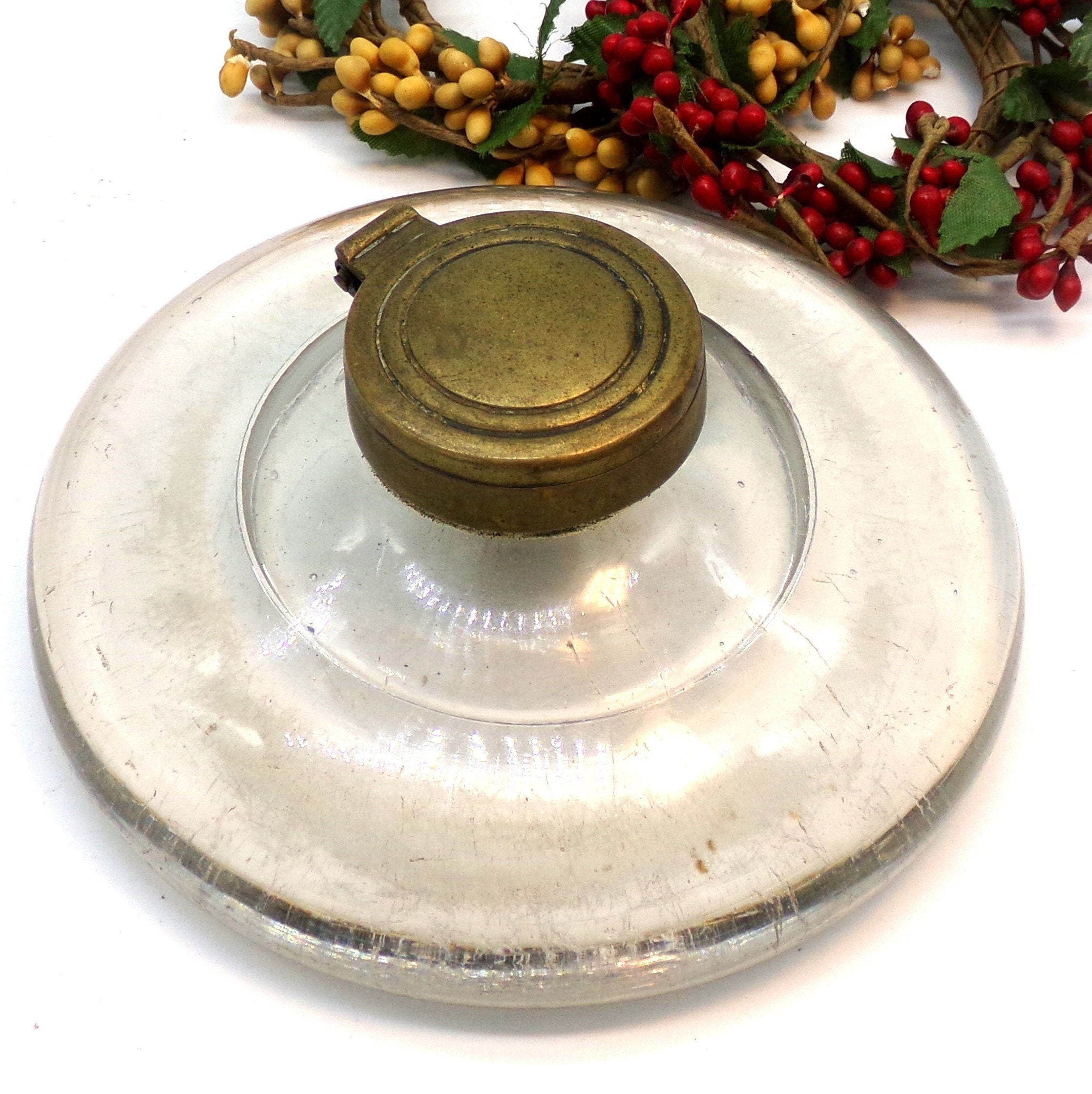 Lg. Heavy Glass Inkwell With Brass Cap....antique....possibly for Ship ...