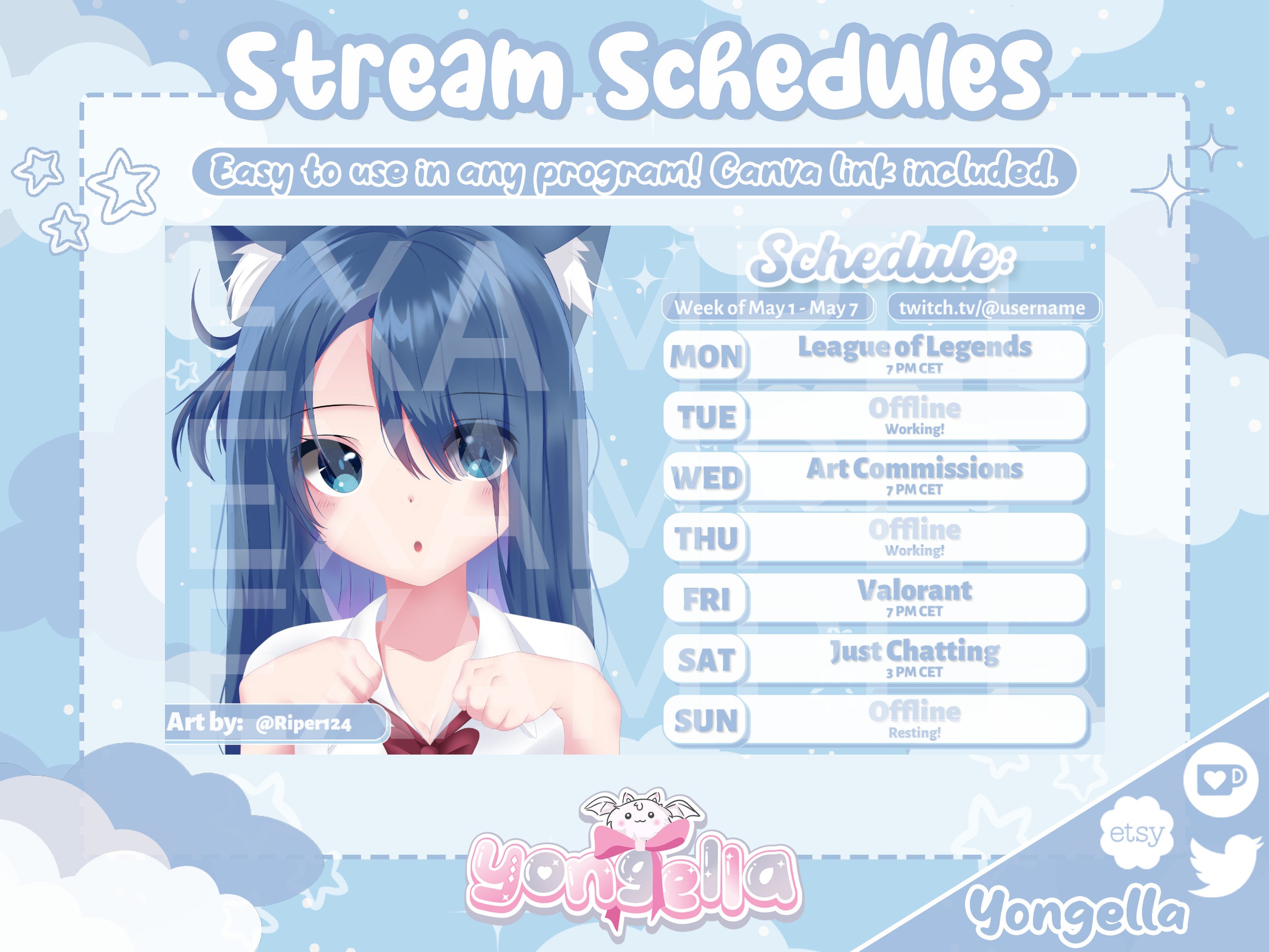 Clouds Theme Blue Vtuber Streaming Schedule Templates Light Blue & Dark ...