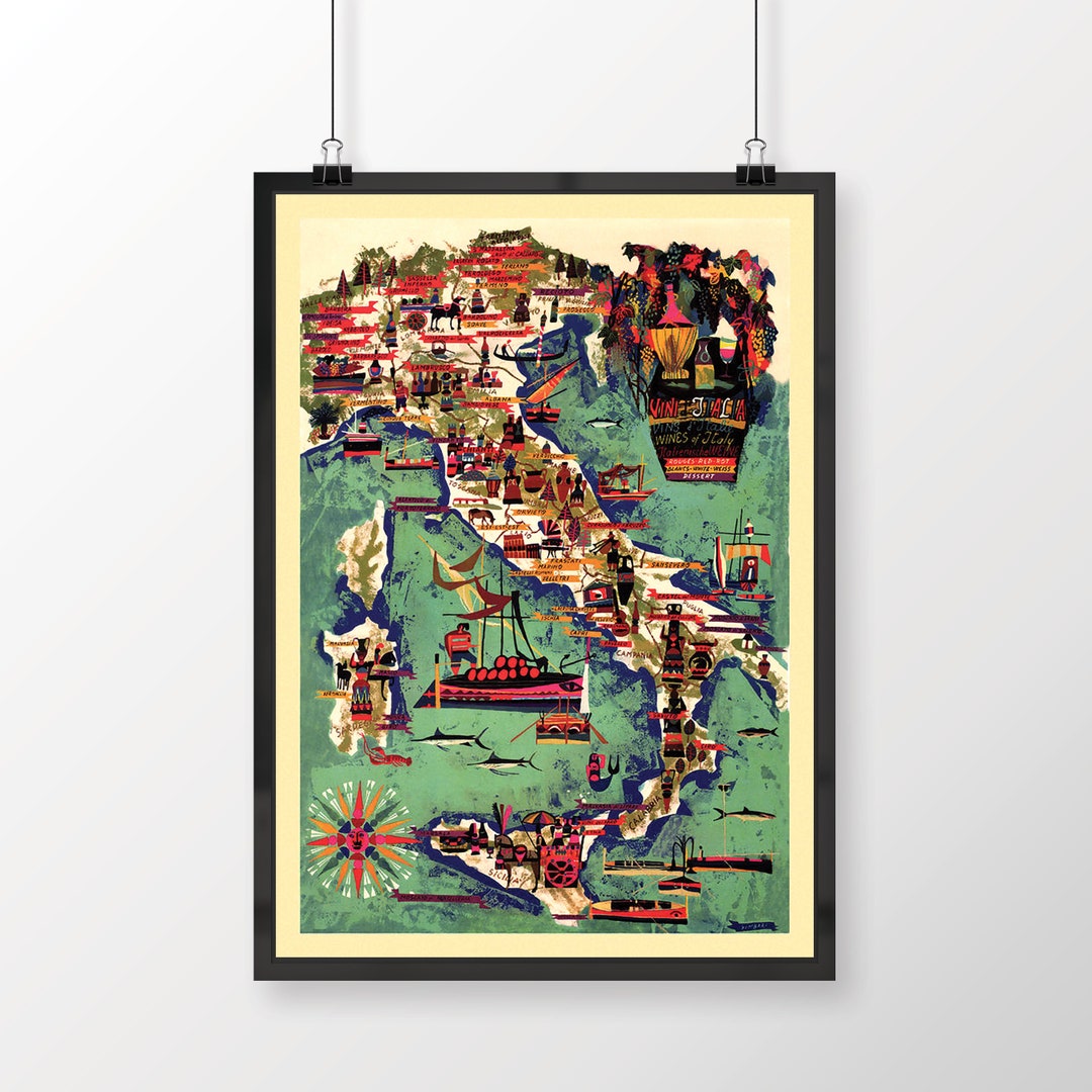 Wines of Italy, Italian Wines Map, Vintage Italy Wall Map, Sardinia ...