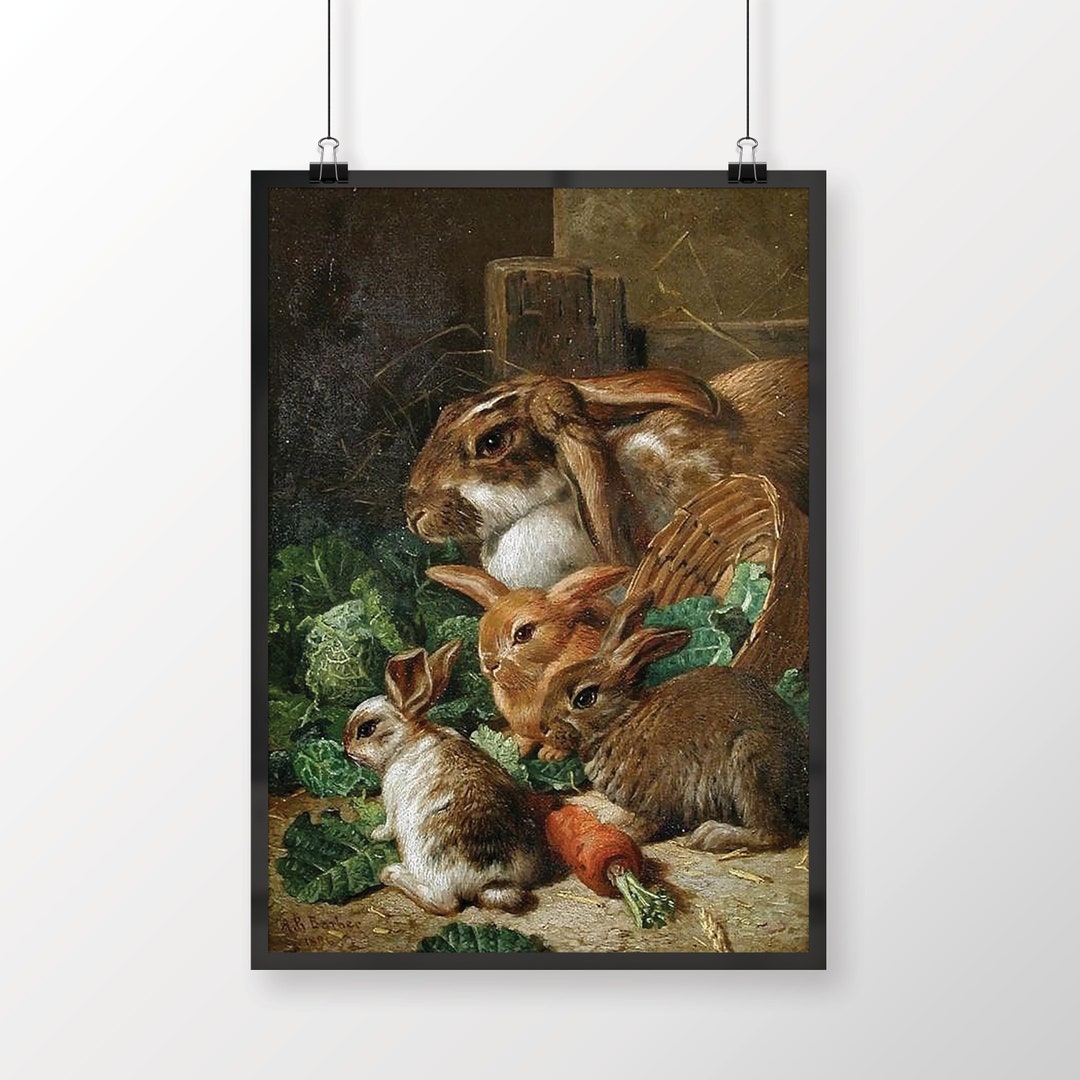 Easter Bunnies Painting, Antique Rabbit Painting, Vintage Bunny Print ...