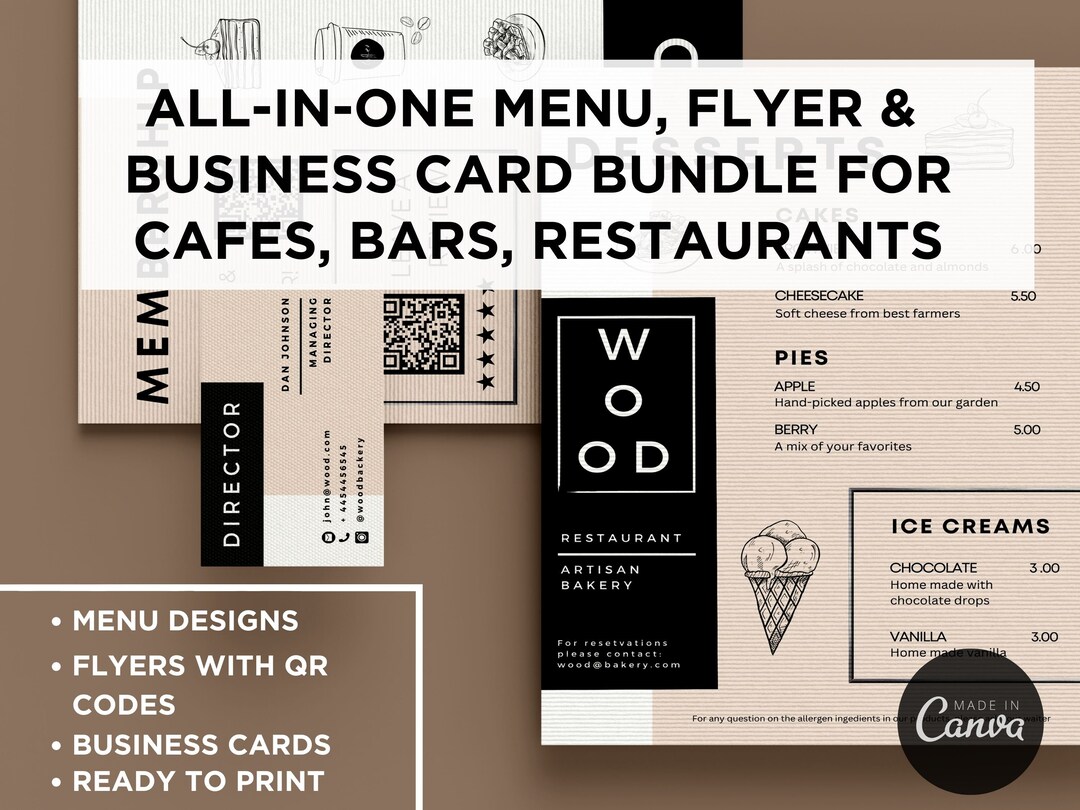 Cafe Menu Template Modern Menu Business Card Canva Template - Etsy