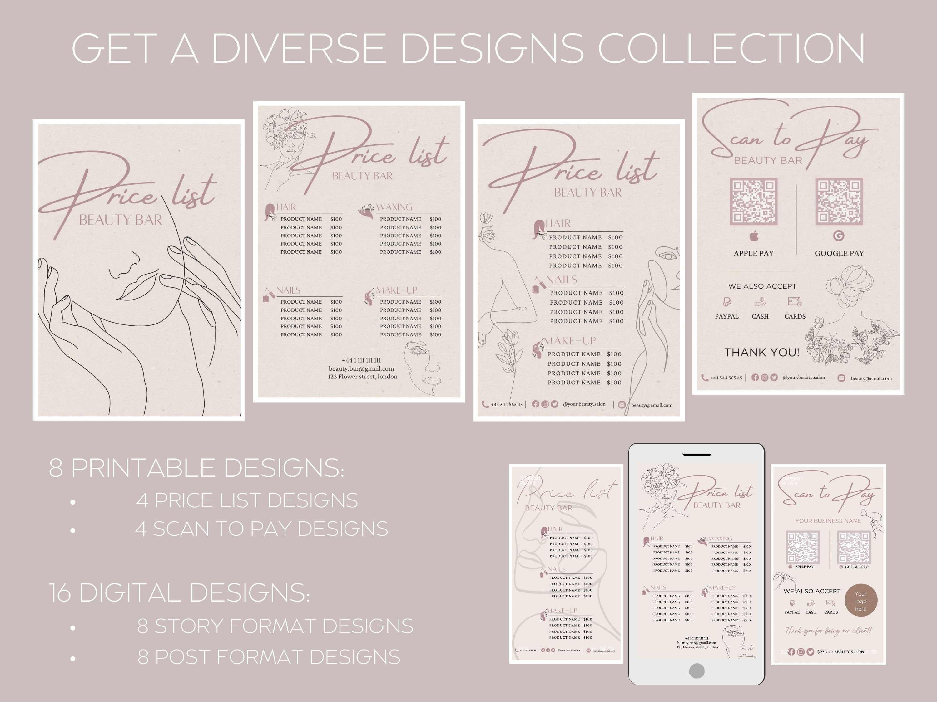 Menu Cards, Price List Flyer, Scan to Pay Template, Beauty Salon ...