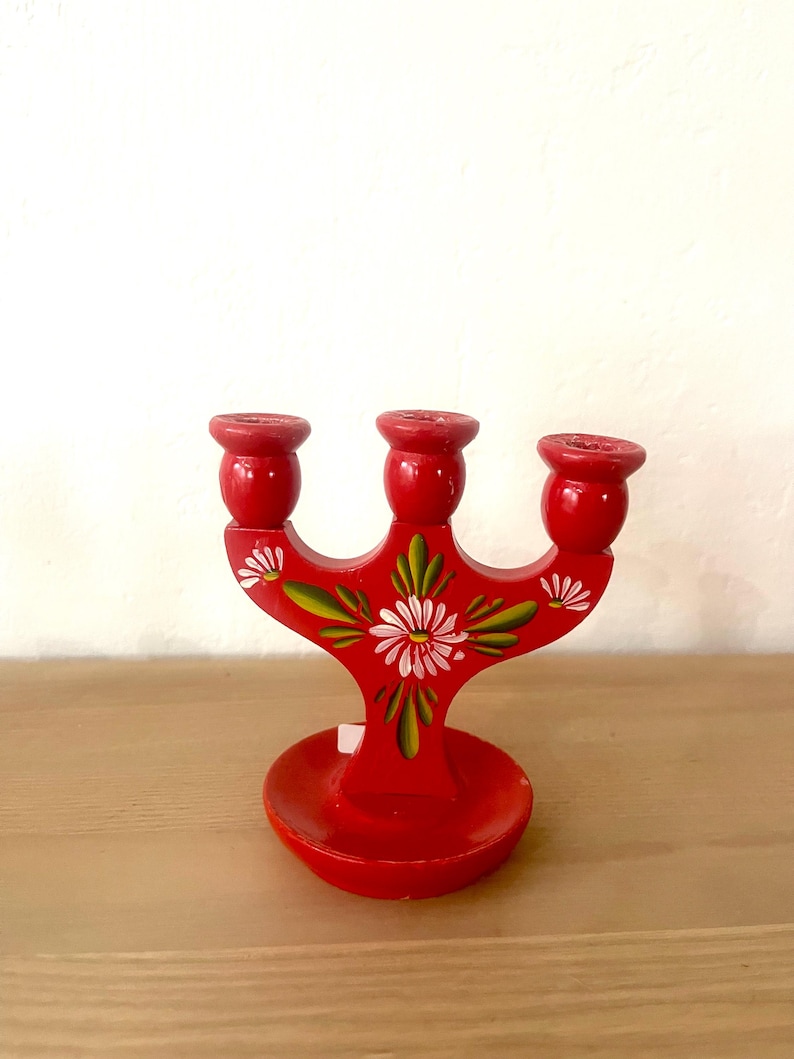 Vintage Swedish Wooden Candelabras – Hand-painted Folk Art Mini Candle ...