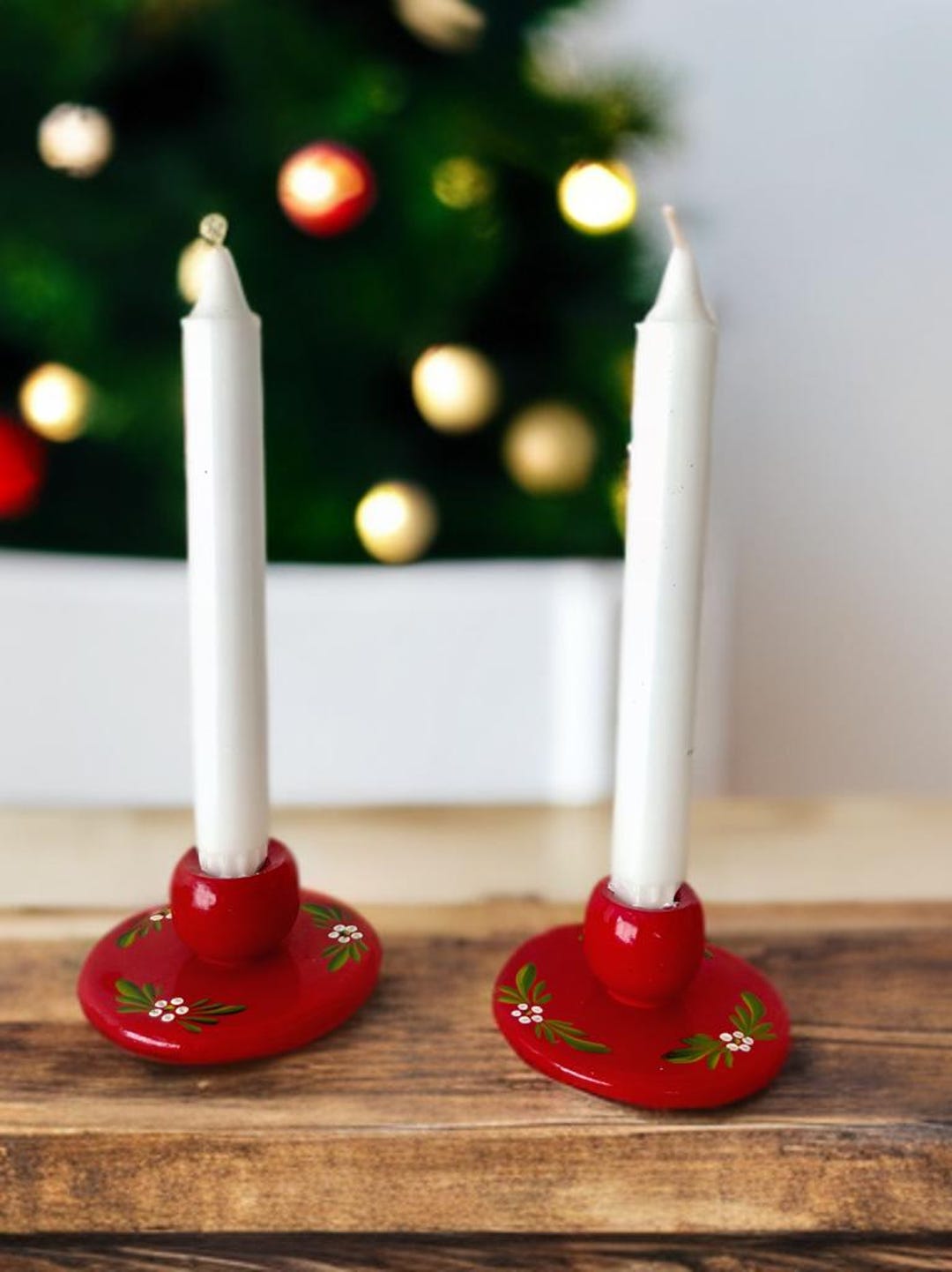 Vintage Swedish Red Candle Holders – Hand-painted Folk Art Yule Decor ...