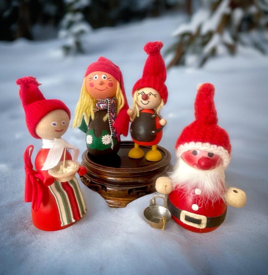 Vintage Wooden Swedish Tomte Elf Figurines – 1960s/70s Handcrafted Folk ...
