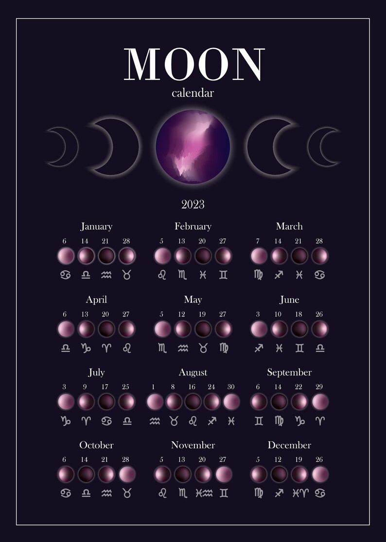 2023 MOON CALENDAR , Printable, Poster, Lunar Calendar, Moon Phases ...