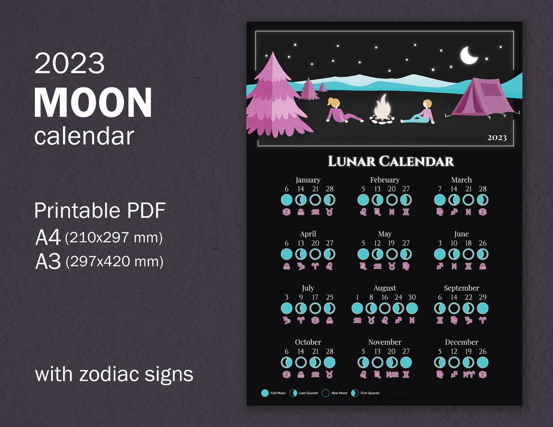 2023 MOON CALENDAR , Printable, Poster, Lunar Calendar, Moon Phases ...