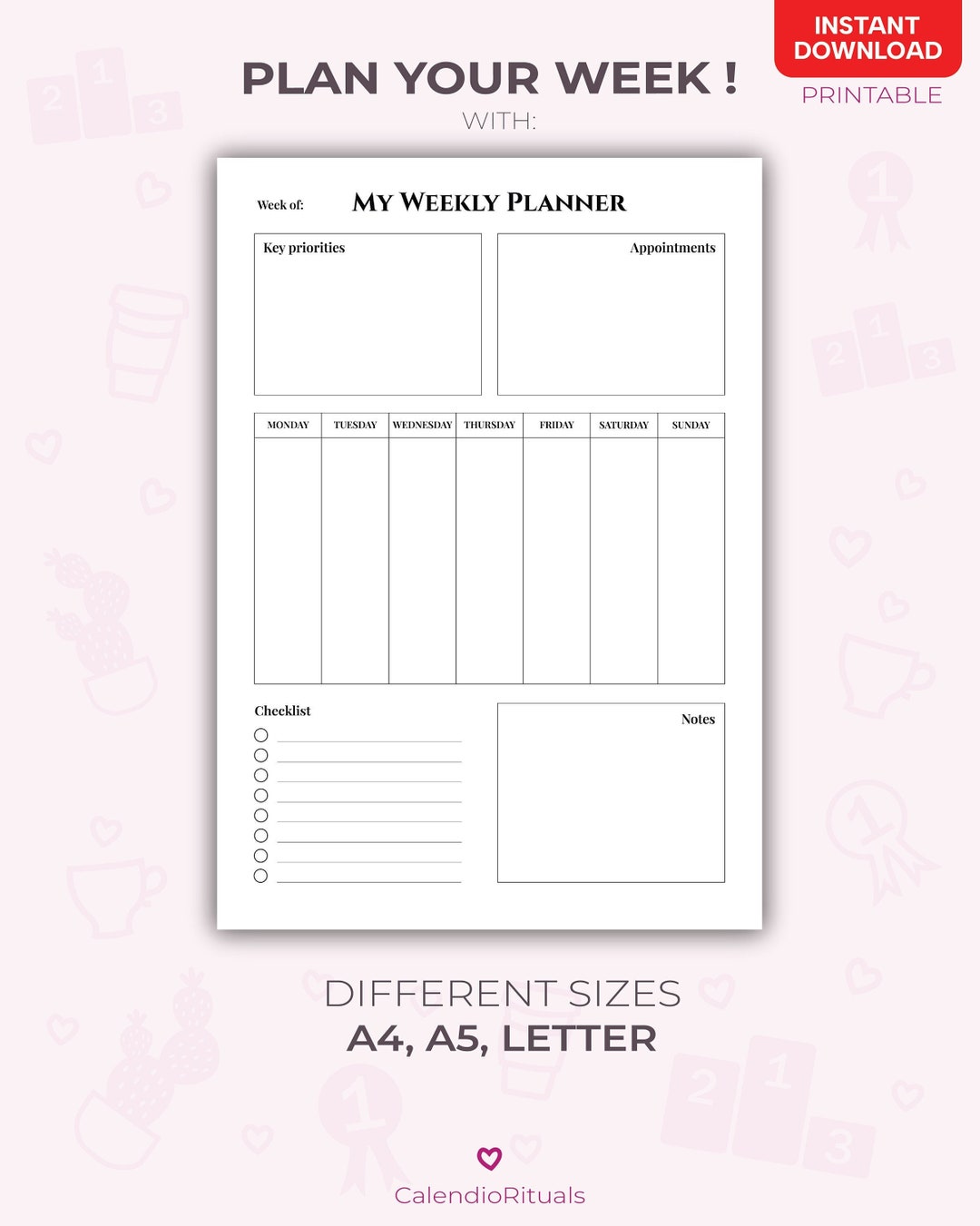 Weekly Planner Printable, Minimalist Weekly Schedule, Week at a Glance ...