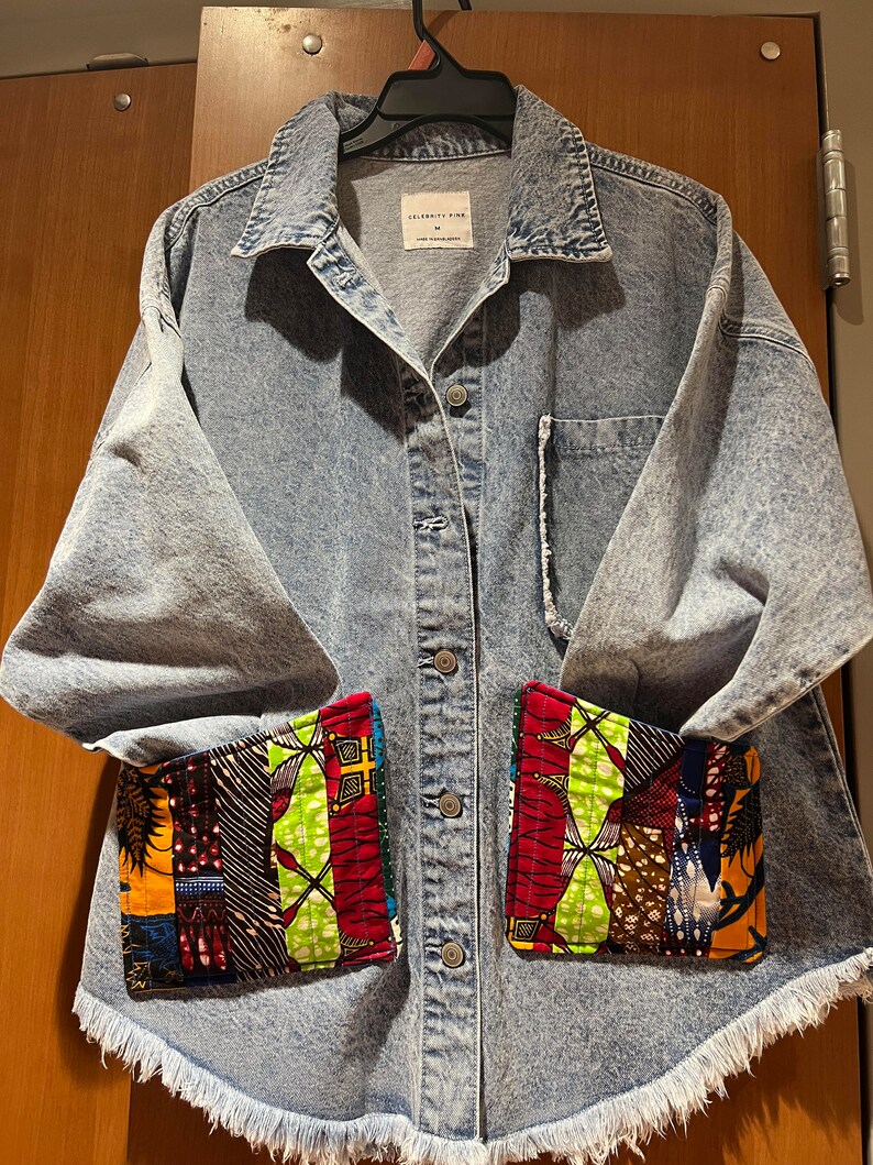 Upcycled Denim Shacket With African Fabric Quilted External Pockets - Etsy