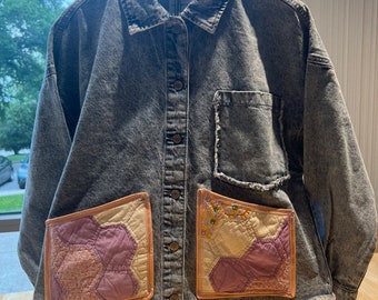 Upcycled Denim Shacket With African Fabric Quilted External Pockets - Etsy