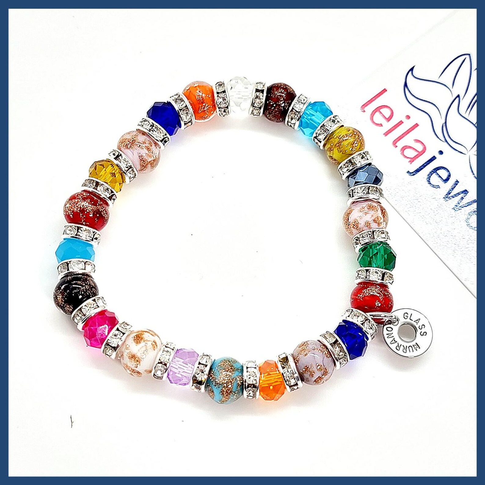 Murano Glass Crystal Beaded Bracelet, Italian Beads Stretchy Bracelet ...