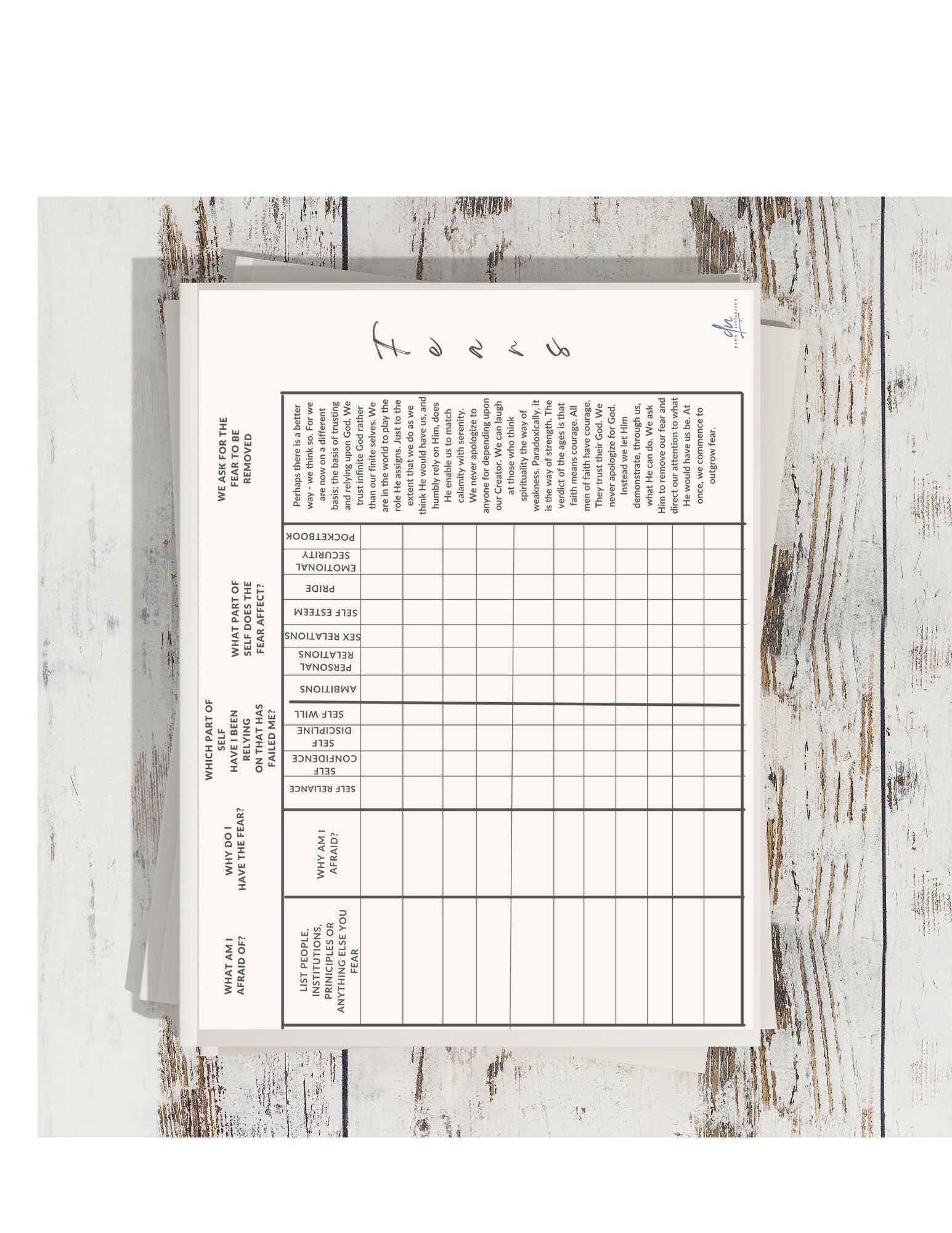 Step 4 Worksheet Fears AA Addiction Sobriety Recovery Part Of The 12