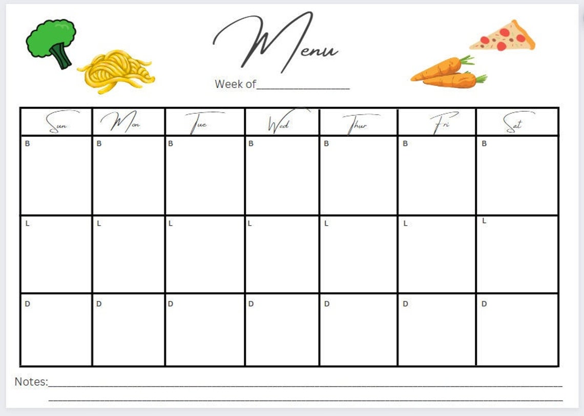 Simple Weekly Menu Template - Etsy