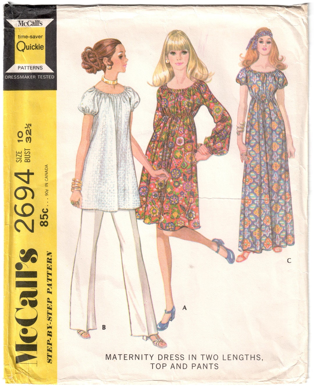 1970s Maternity Dress, Blouse & Pants, Bust 32 / Vintage Sewing Pattern ...