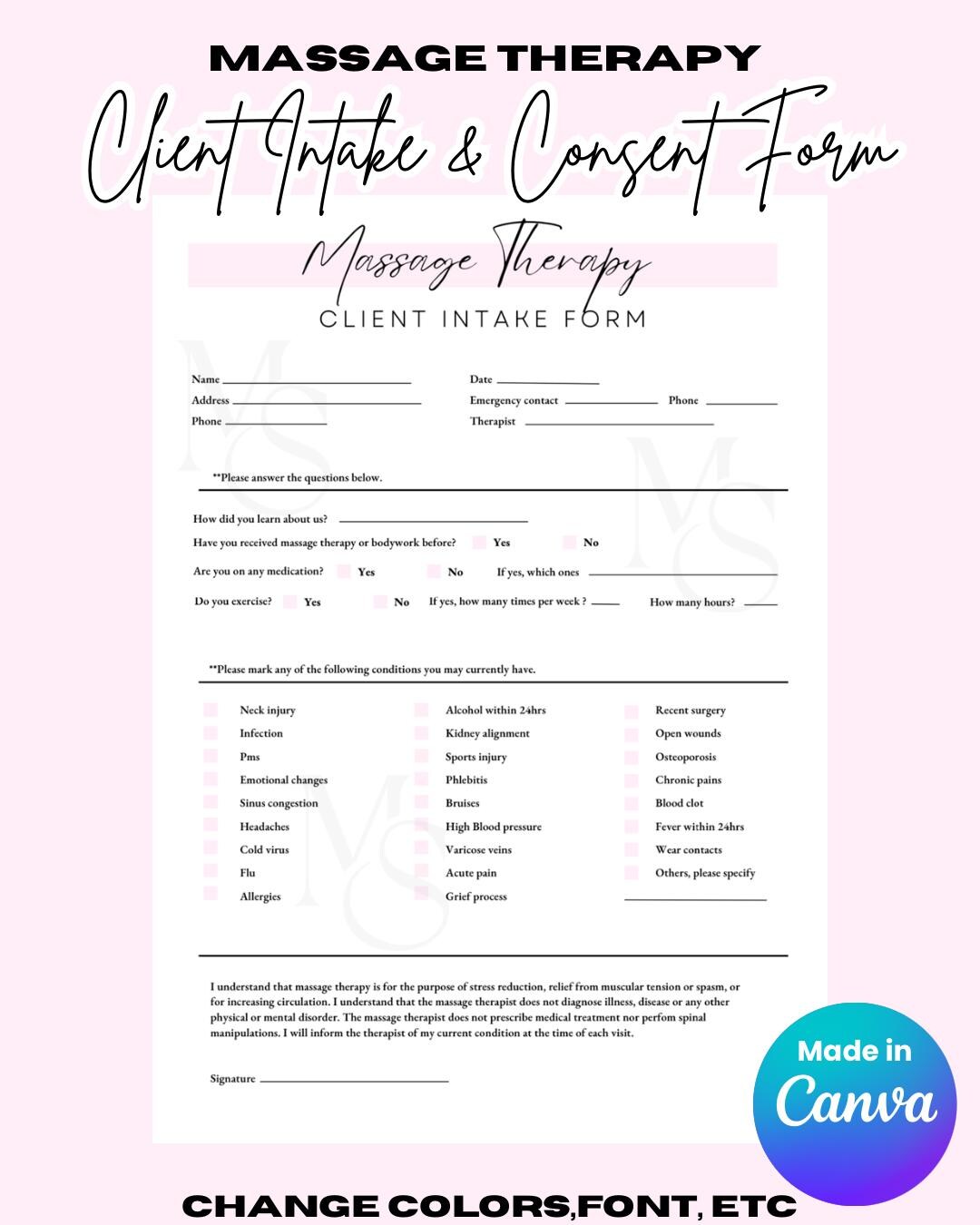 Editable Massage Therapy Consent Form - Etsy
