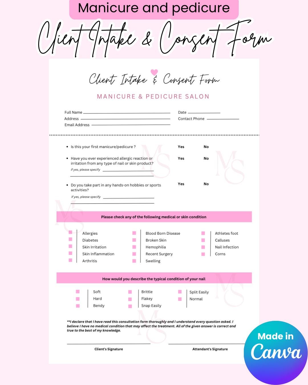 Editable Manicure and Pedicure Consent Form - Etsy
