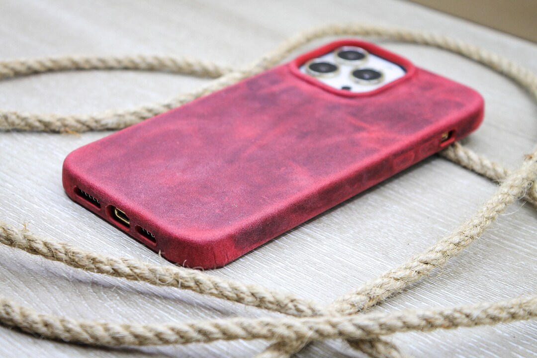 Genuine Leather iPhone Cover, Red Cell Phone Case, iPhone 14, 13, 12 ...