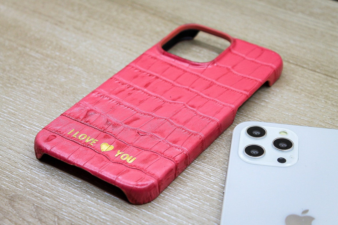 Custom Croco Pattern Pink Leather Phone Cover, iPhone 15, 14, 13, 12 ...