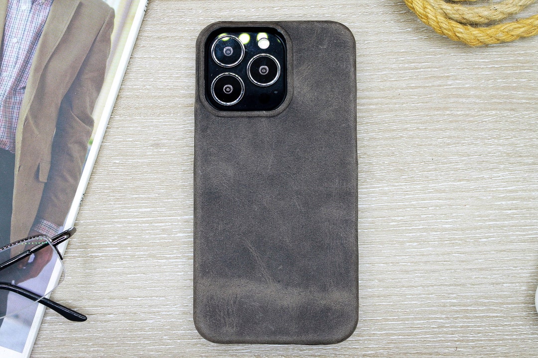 Full Grain Leather Phone Case, Grey Phone Cover, iPhone 15, 14, 13, 12 ...