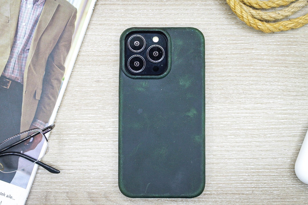 Personalized Green Leather Phone Cover, iPhone 15, 14, 13, 12, 11 Pro ...