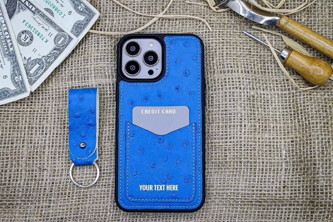 Personalized Ostrich Blue Leather Phone Cover, iPhone 14, 13, 12, 11 ...