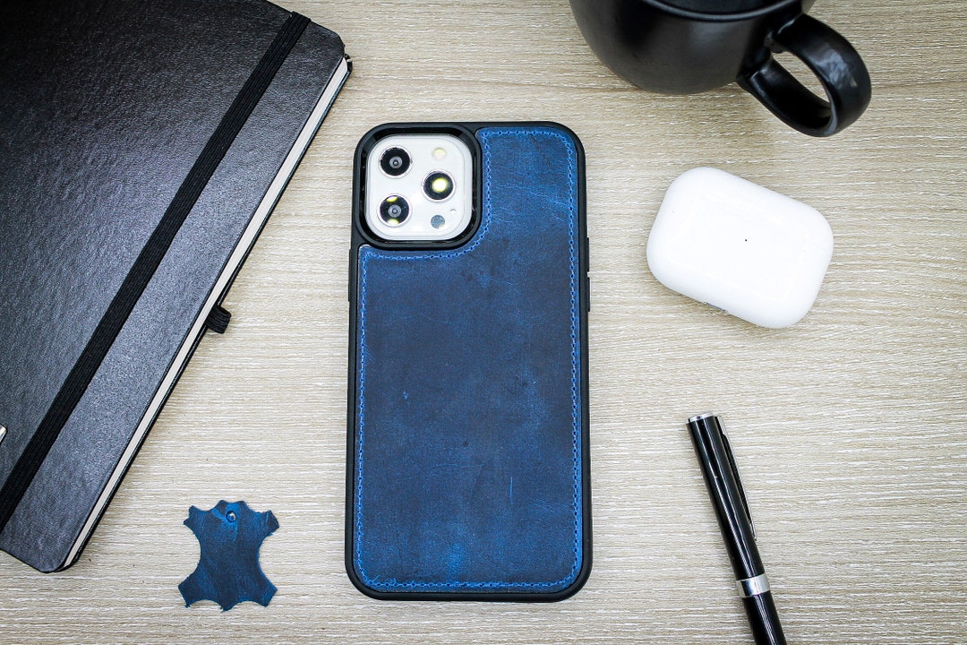 Genuine Leather Phone Case, Blue iPhone Case, iPhone 15, 14, 13, 12, 11 ...