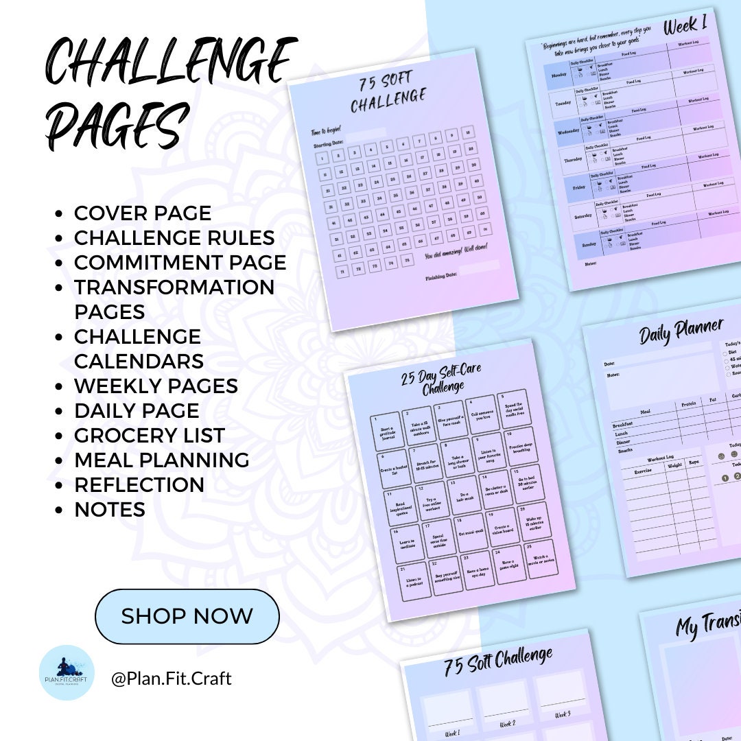 75 Soft Challenge Printable PDF Gentle Self-improvement Workbook 75 Day ...