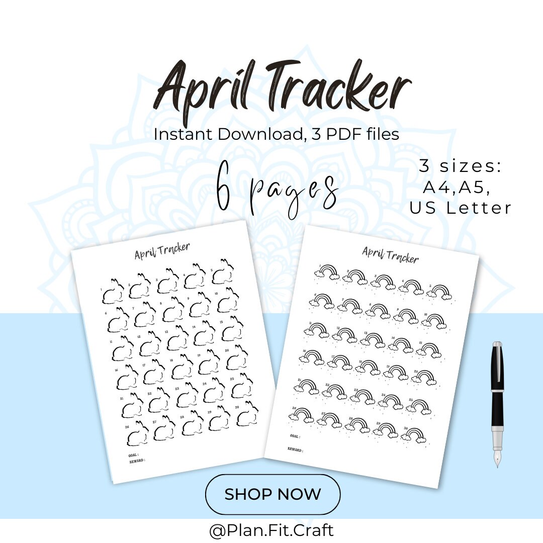 April Colouring Tracker Habit, Mood, Fitness... Bunny and Rainbow ...