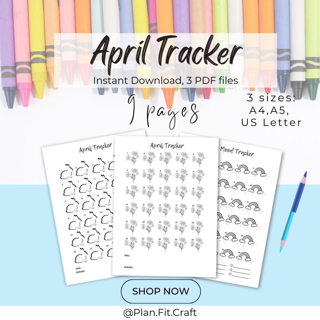 April Colouring Tracker - Habit, Mood, Fitness... Bunny and Rainbow ...
