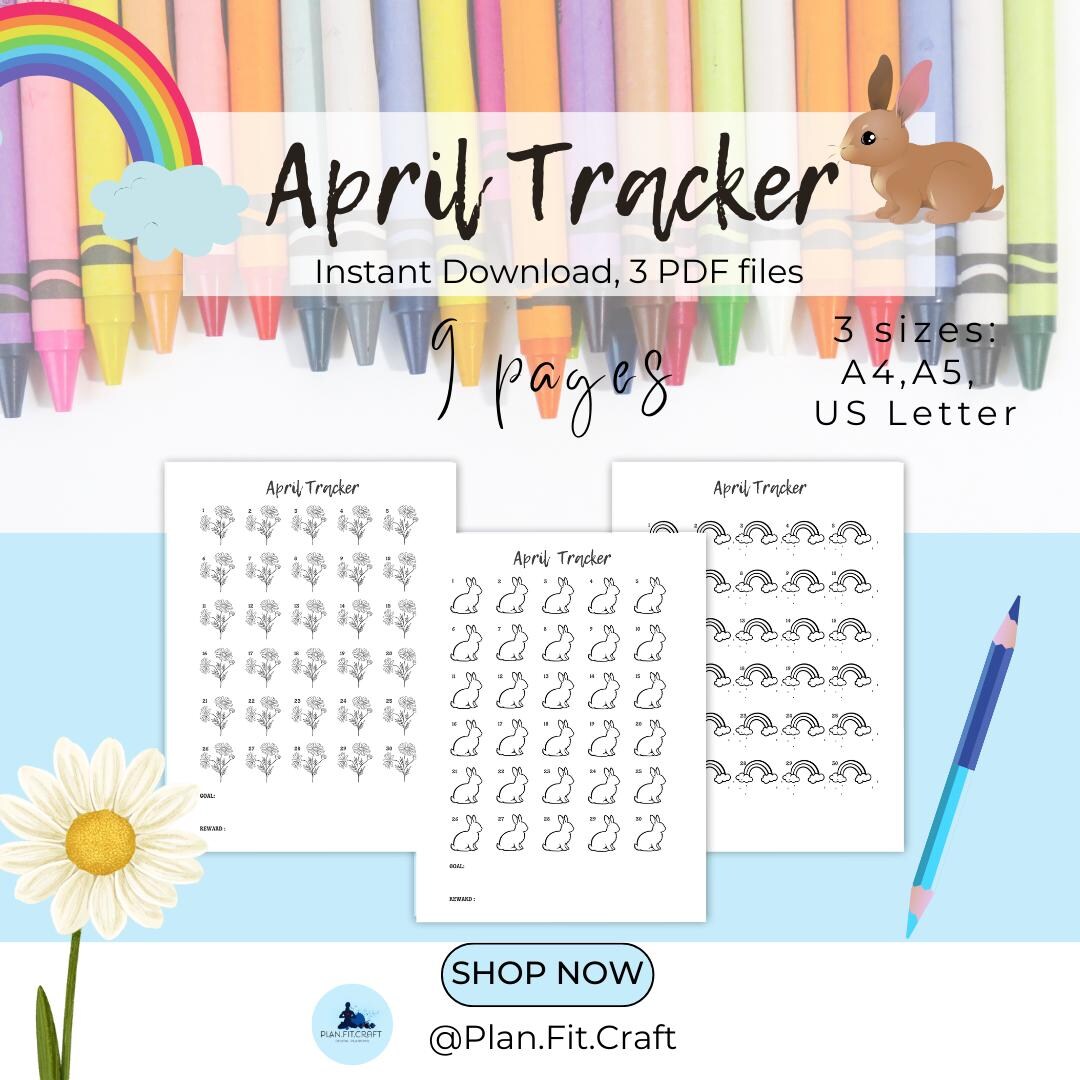 April Coloring Trackers – Mood, Habit Fitness Tracker | Bunny, Daisy ...