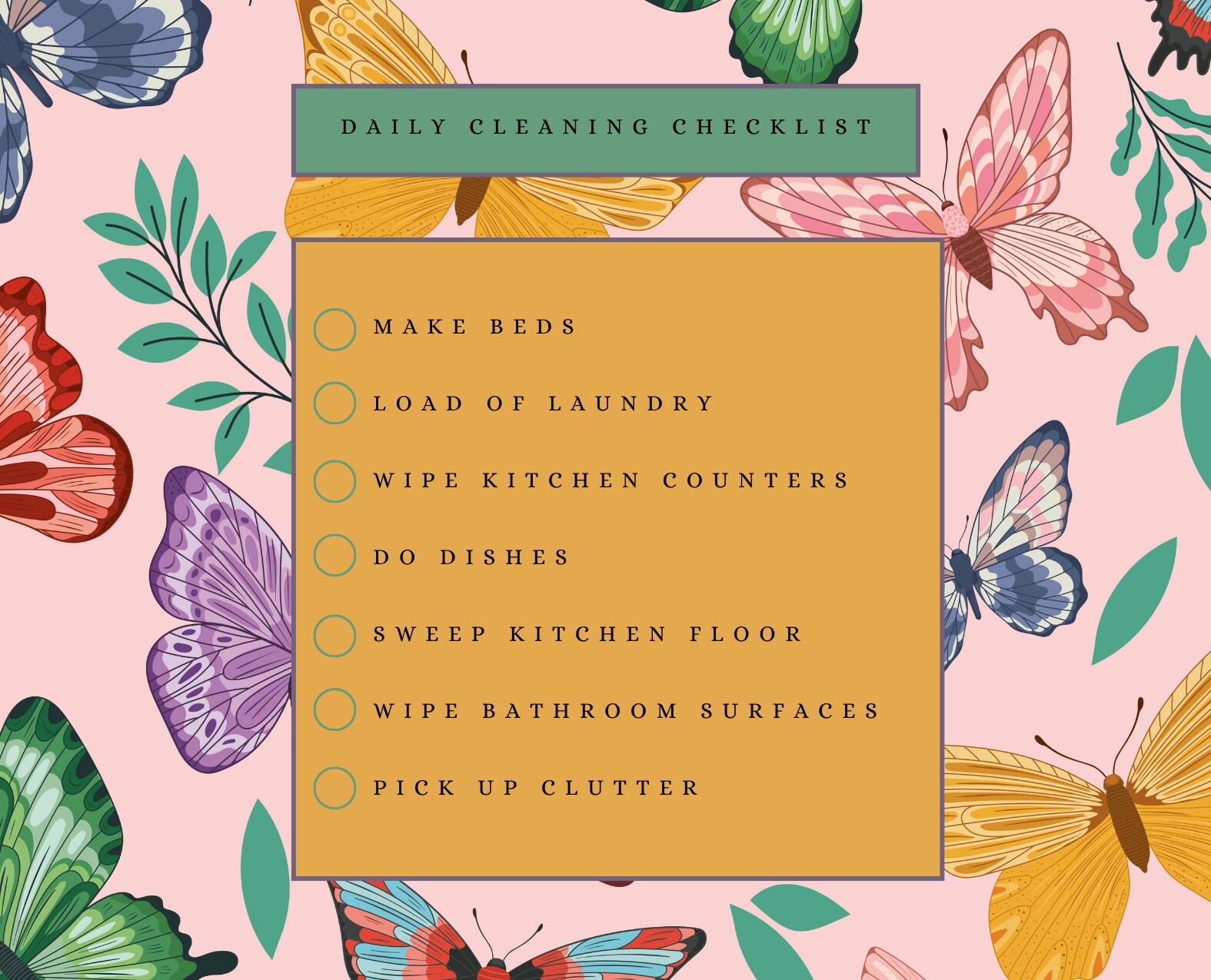 Daily Cleaning Checklist, Butterfly, Printable Checklist, Instant ...