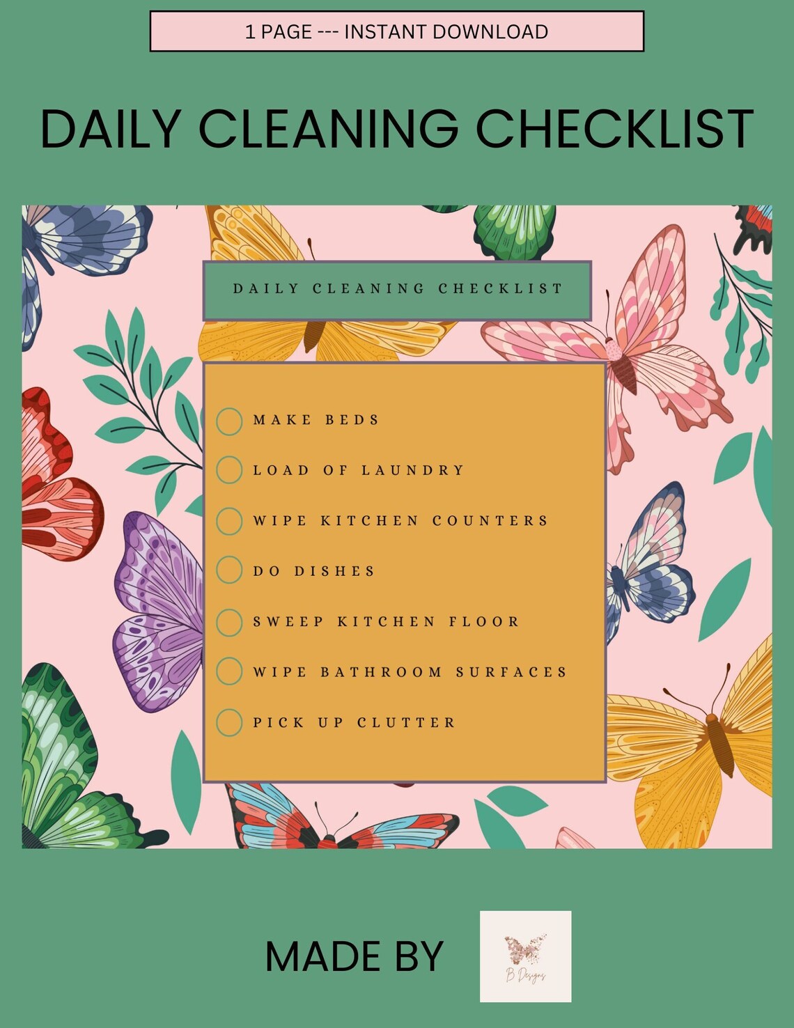 Daily Cleaning Checklist, Butterfly, Printable Checklist, Instant ...