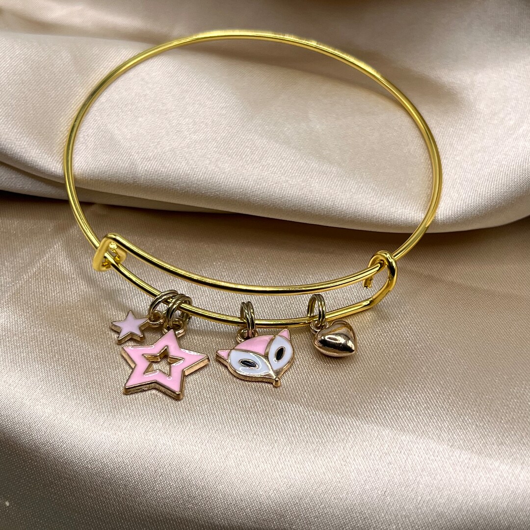 Pink Cartoon Gold Bangle, Fox Stars and Heart Bangle, Gifts for Her - Etsy