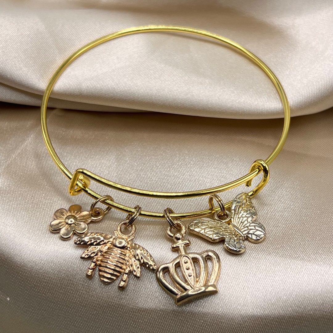 Queen Bee Gold Charm Bangle, Bee Crown Tiara Butterfly and Flower ...