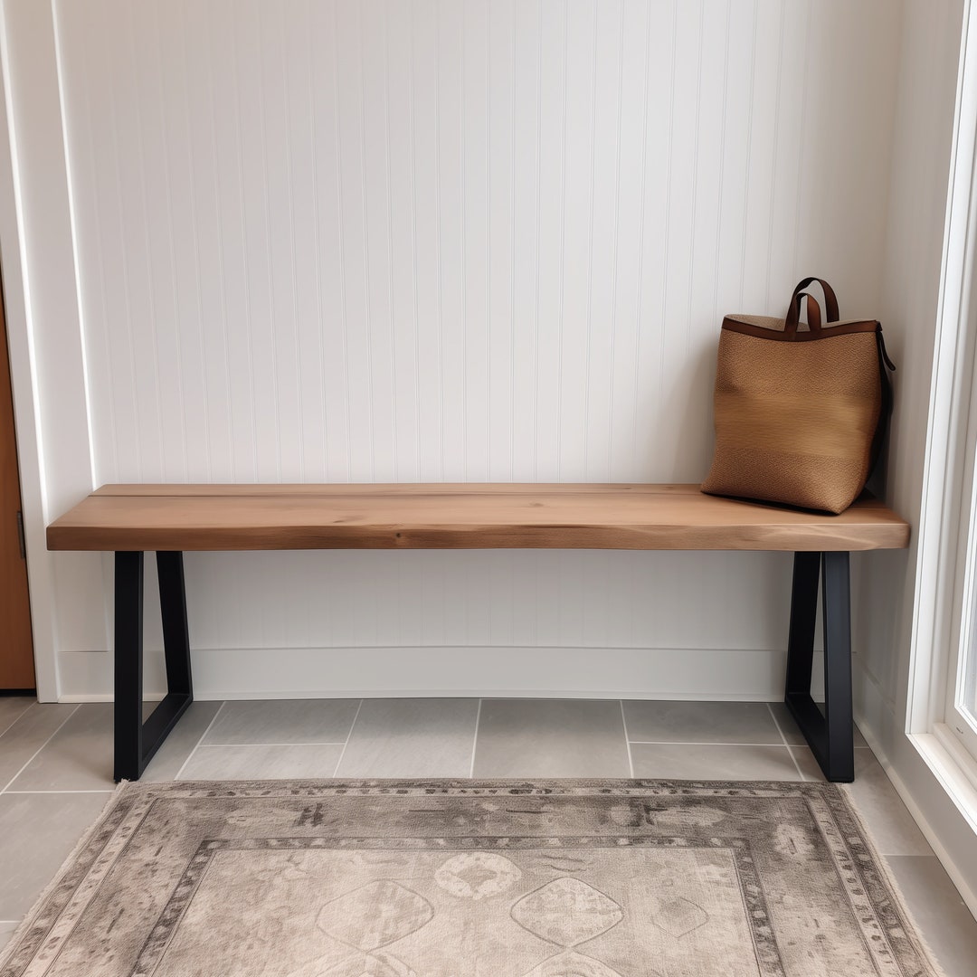 Handmade Rustic Wood Bench Trapezoid Steel Legs Entryway Bench Coffee ...
