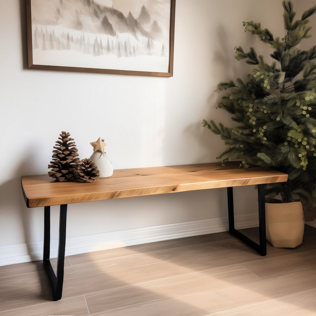 Handmade Rustic Wood Bench Trapezoid Steel Legs Entryway Bench Coffee ...