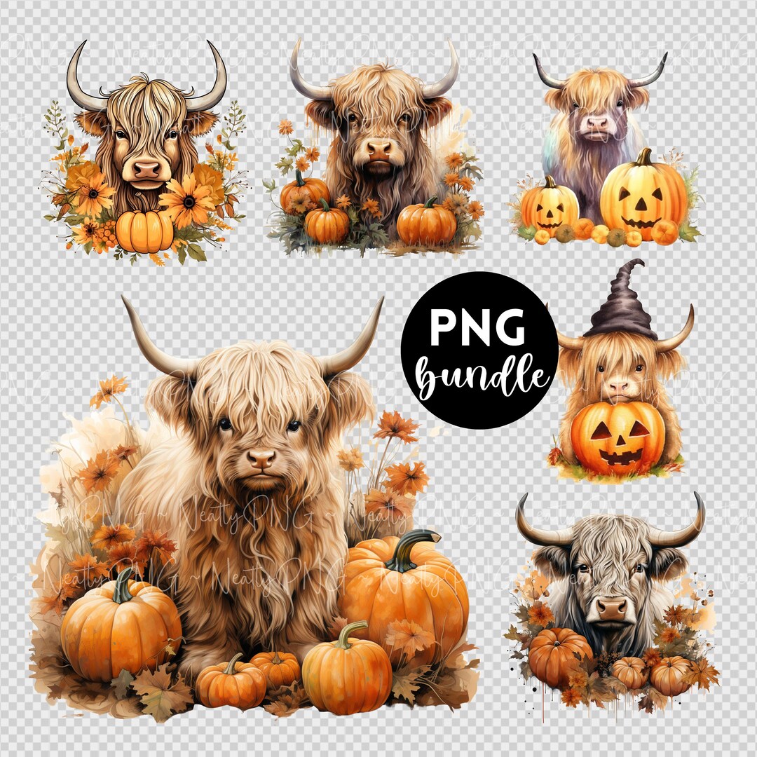 Baby Highland Cow Png Bundle, Fall Png, Watercolor Pumpkins and Purples ...
