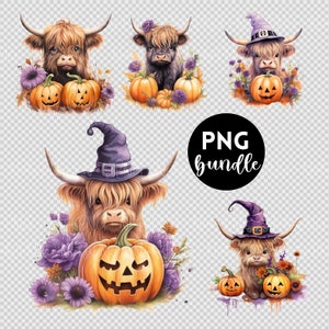 Baby Highland Cow Png, Fall Png, Watercolor Pumpkins and Purples Leaves ...